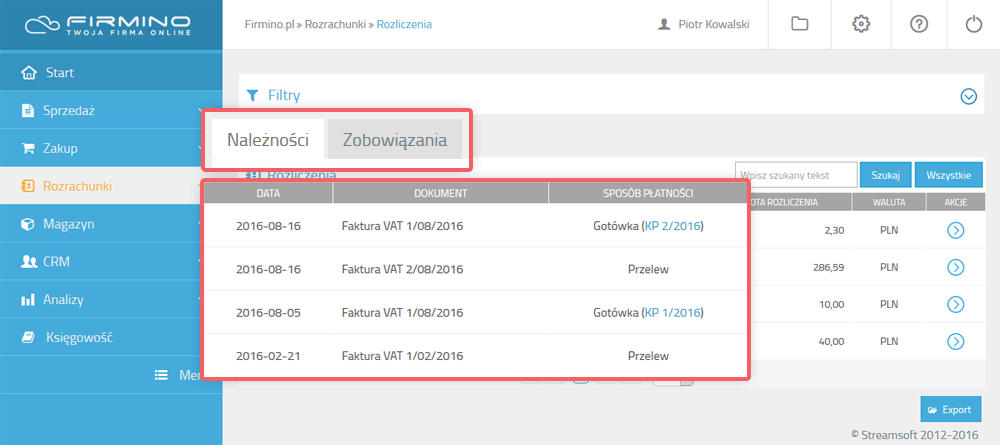 Rozliczenia - Streamsoft Firmino