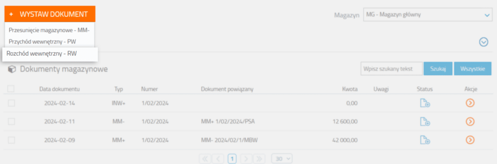 Rozchód/Przychód wewnętrzny (RW/PW) - Streamsoft Firmino